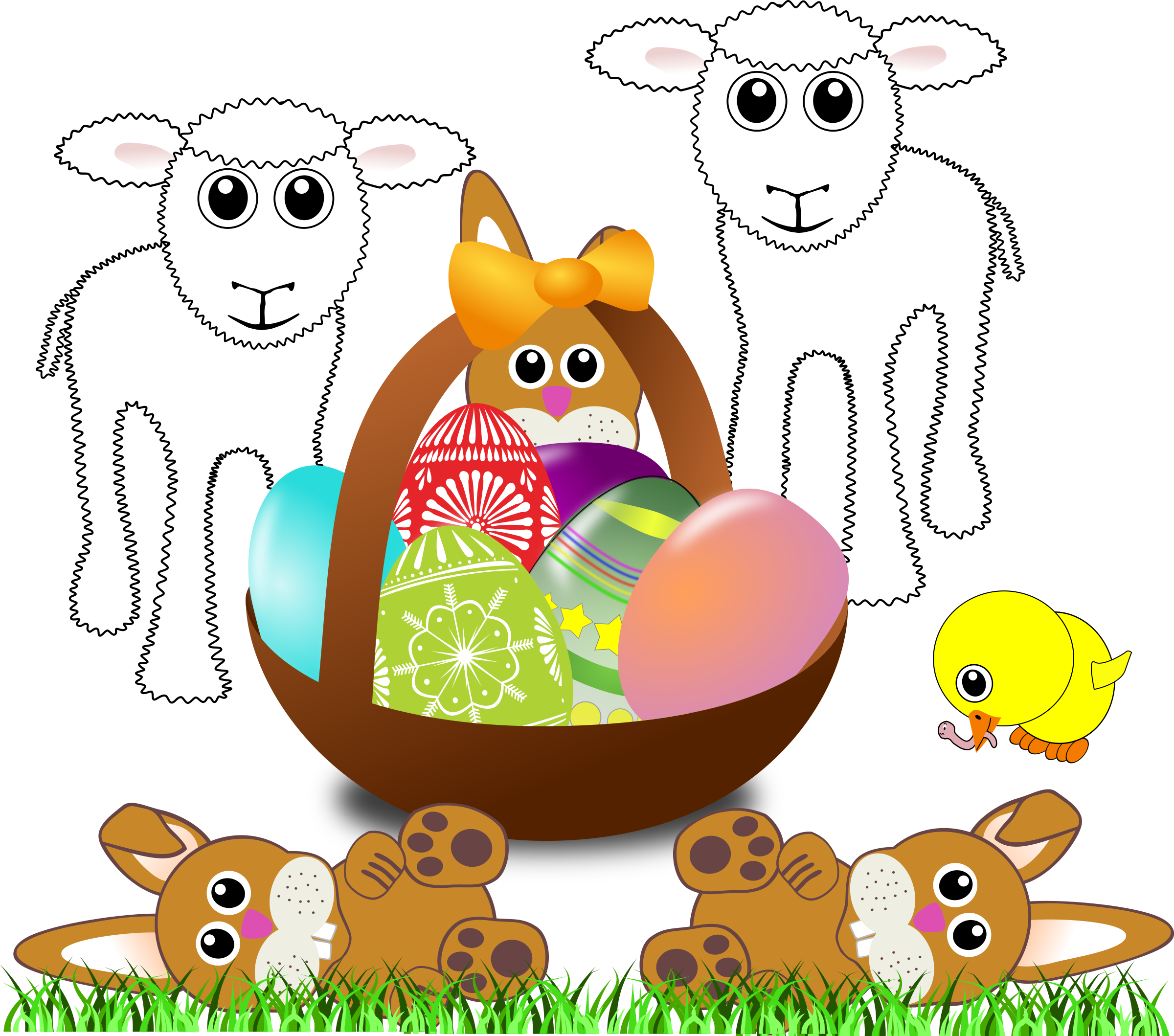 Clipart - Funny lambs, bunnies and chick with Easter eggs in a basket